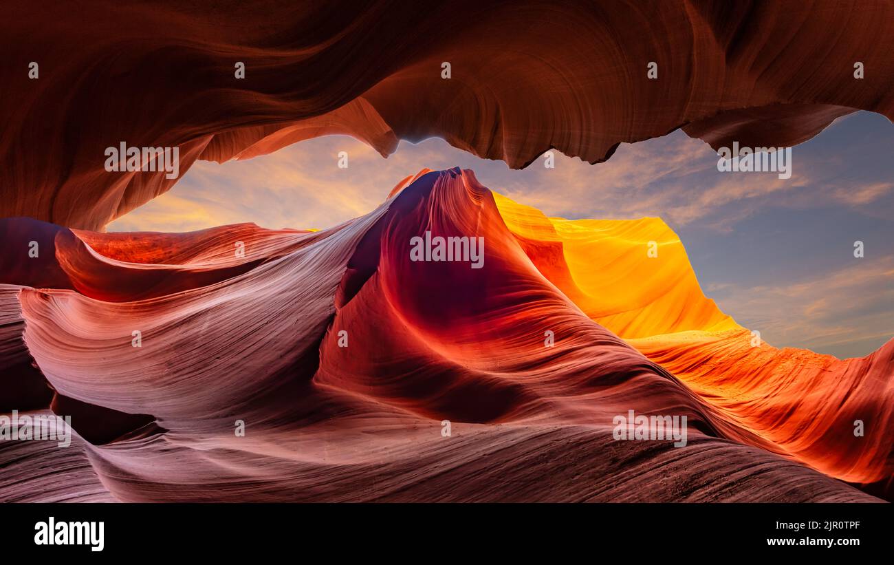 A beautiful view of Antelope Canyon with unique red sandstone walls in ...