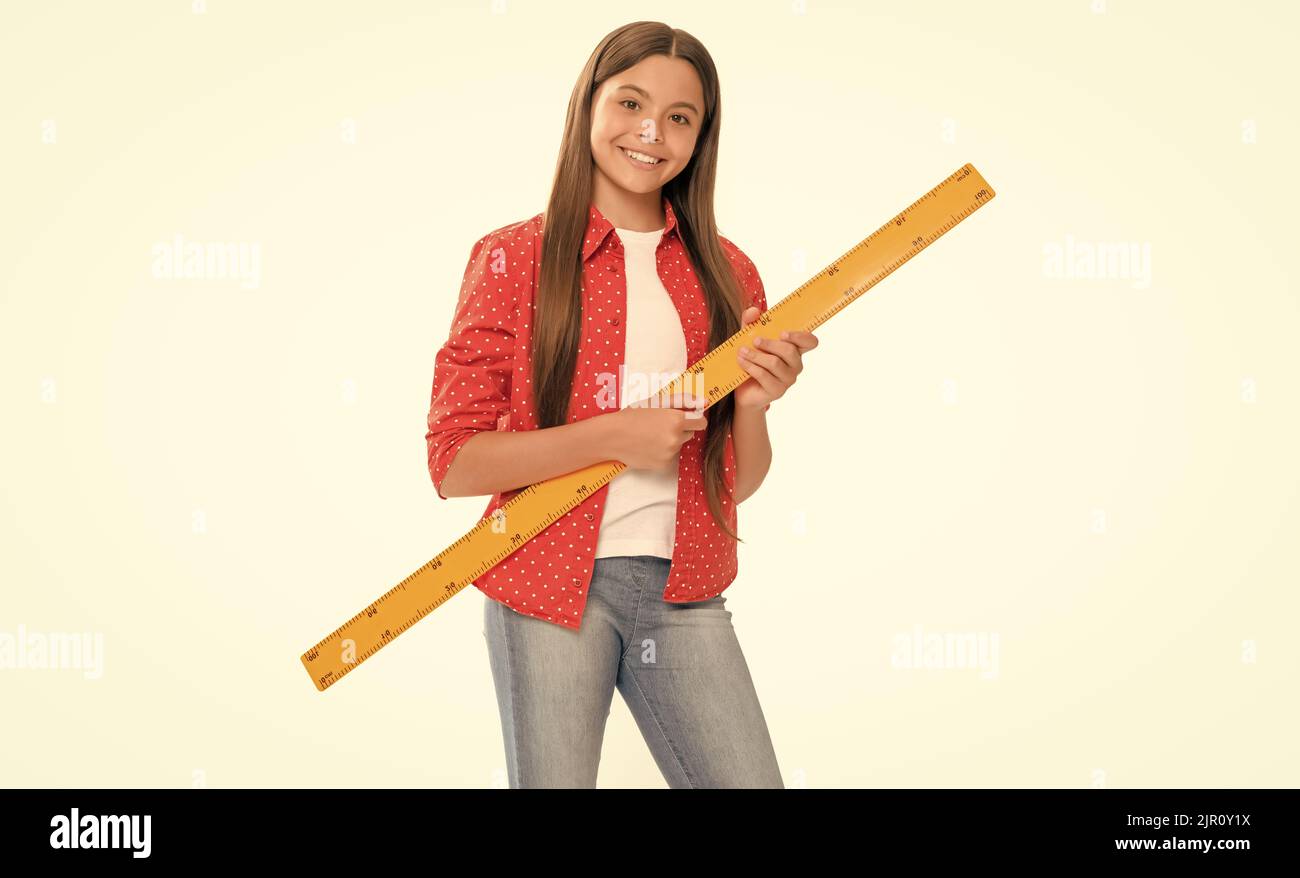 happy teen girl hold ruler study math at school isolated on white ...