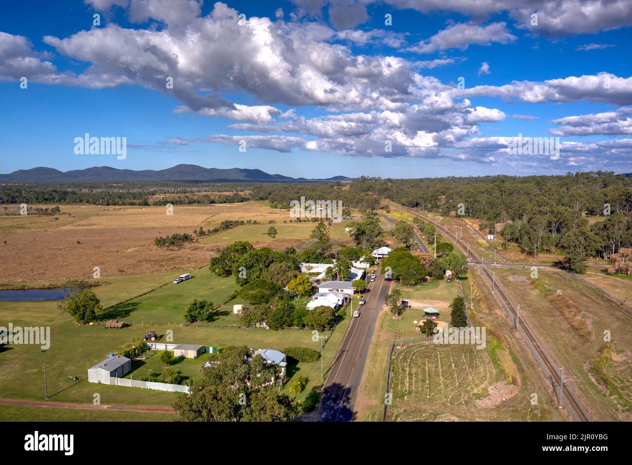 Aerial of small village of Lowmead in the Gladstone Region of ...