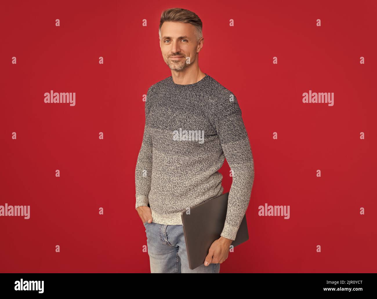 computer communication. modern technology. freelancer. smiling grizzled ...