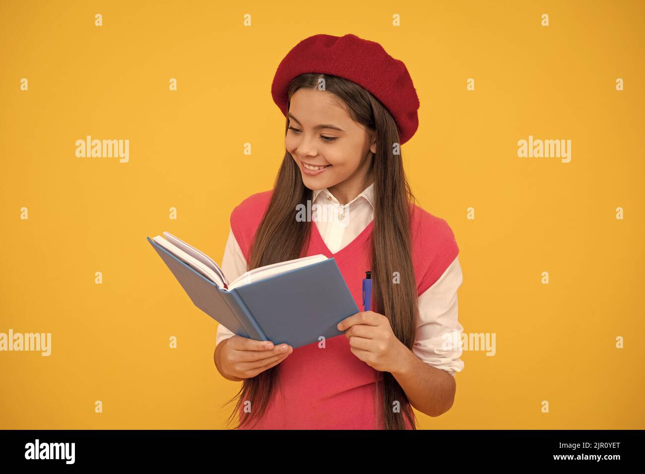 back to school. cheerful kid in beret ready to study. smiling child ...