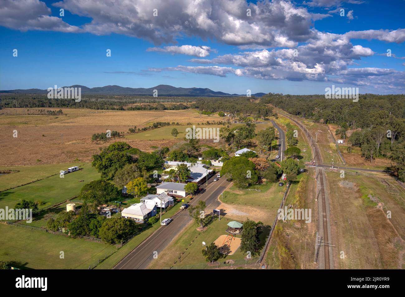 Aerial of small village of Lowmead in the Gladstone Region of ...