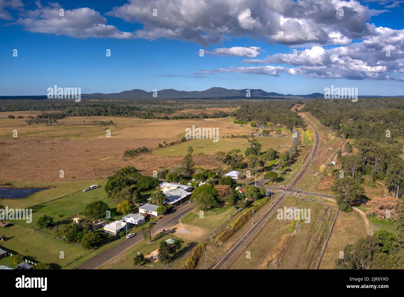 Aerial of small village of Lowmead in the Gladstone Region of ...