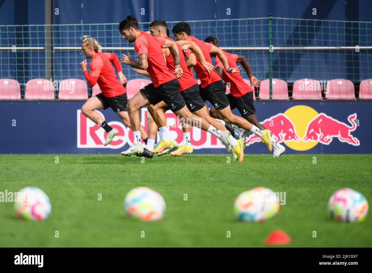 Leipzig, Germany. 21st Aug, 2022. RB Leipzig players sprint in front of ...