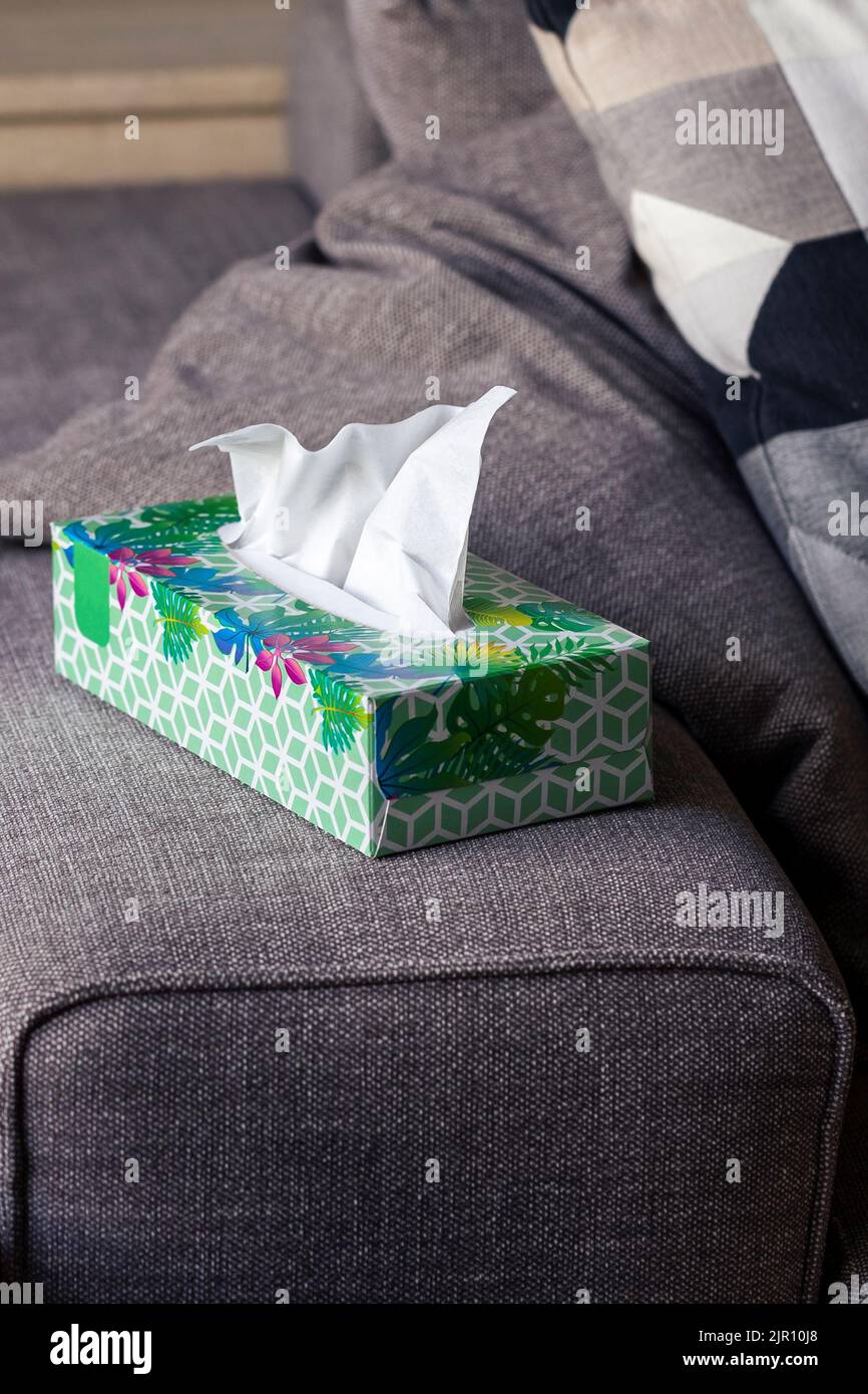 A portrait of a colorful box of paper tissues standing on the side of a ...