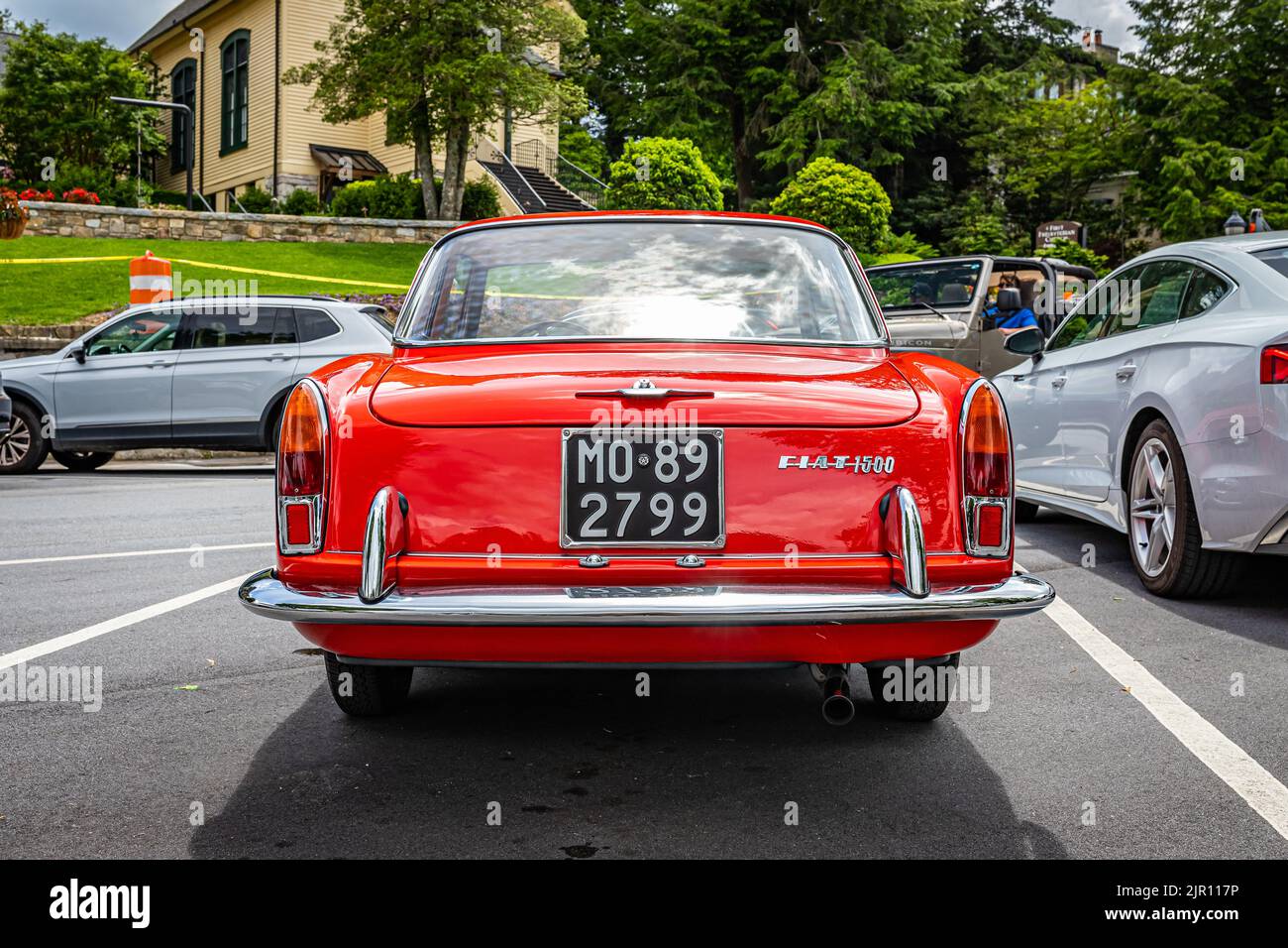 Highlands, NC - June 10, 2022: Low perspective rear view of a 1966 Fiat ...