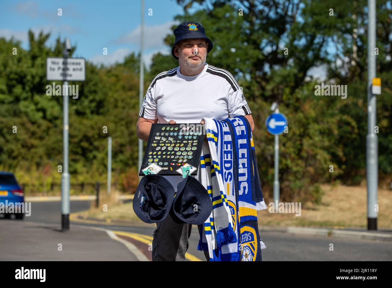 A man selling Leeds United merchandise outside Elland Road Stadium ...