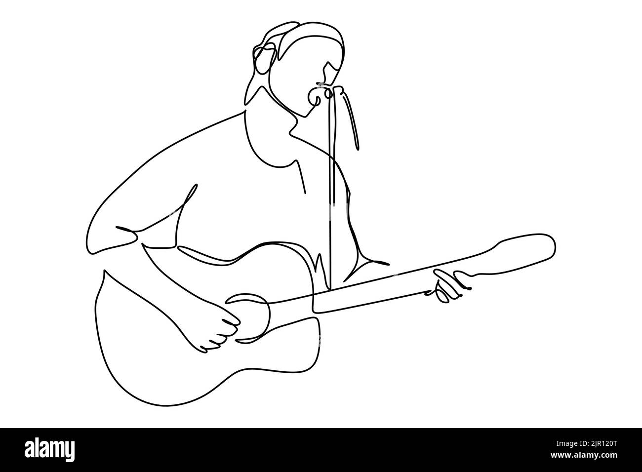 Continuous stroke drawing of a male singer sing a song and play music ...
