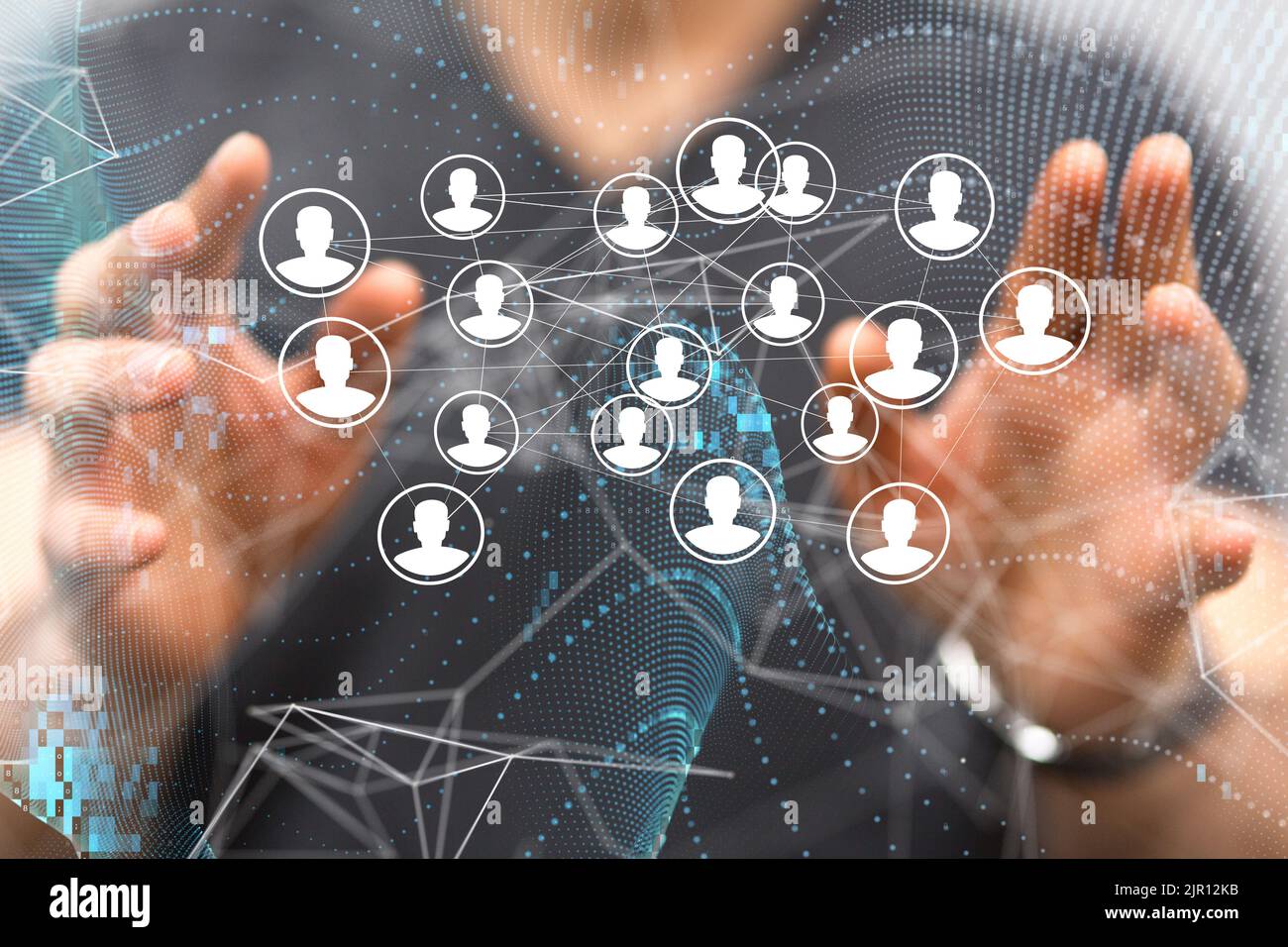 The hands holding virtual profile icons. Global network, blockchain ...