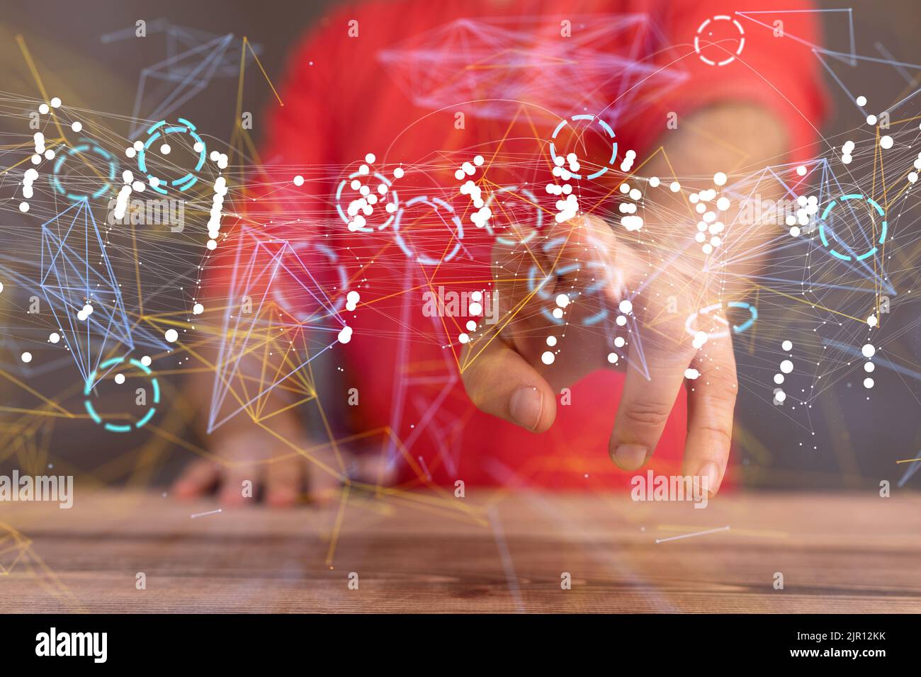 The hand touching digital geometric figures. Digital network and data ...