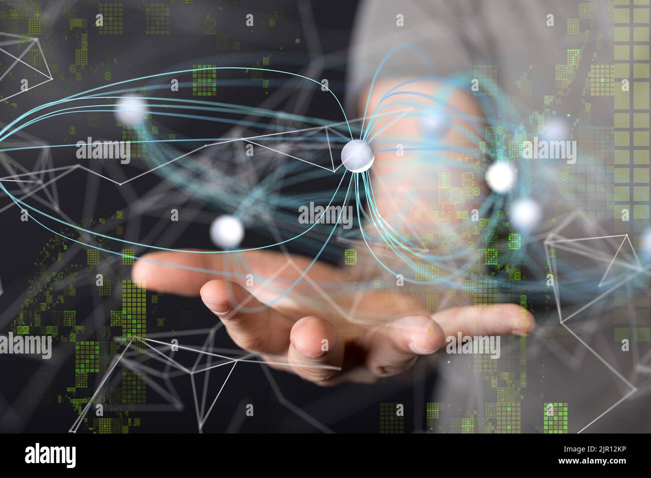 The 3d linked spheres hovering above the hand. Data, cyberspace Stock ...
