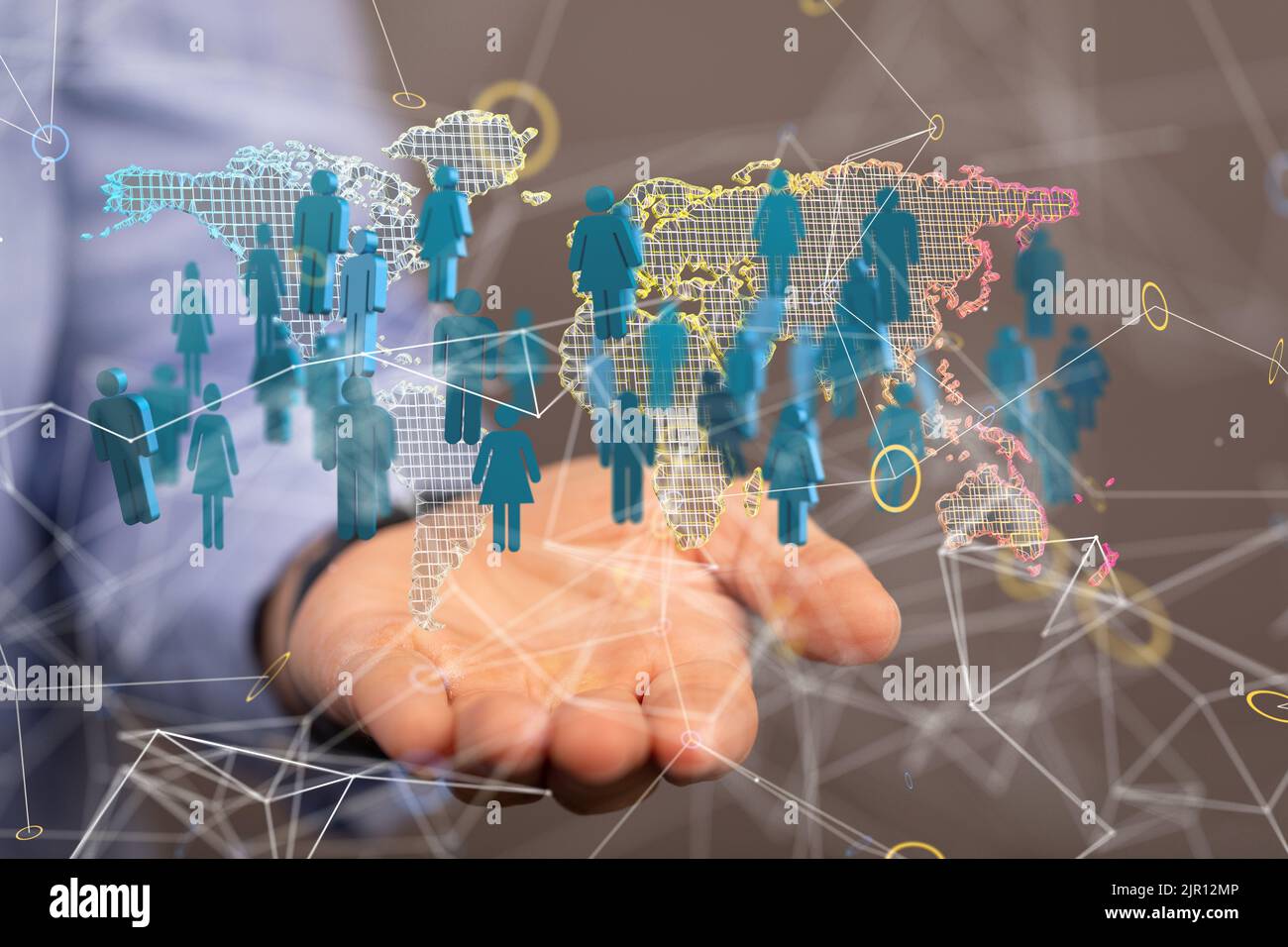 The virtual human icons with world map hovering above a hand. Global ...