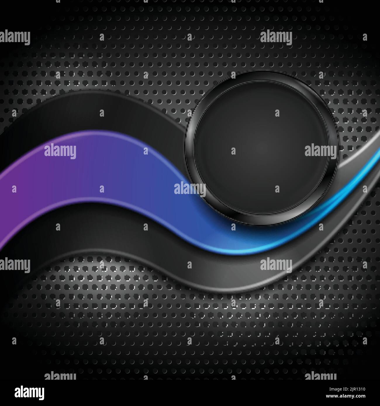 Abstract blue violet wave and black glossy circle on dark perforated ...