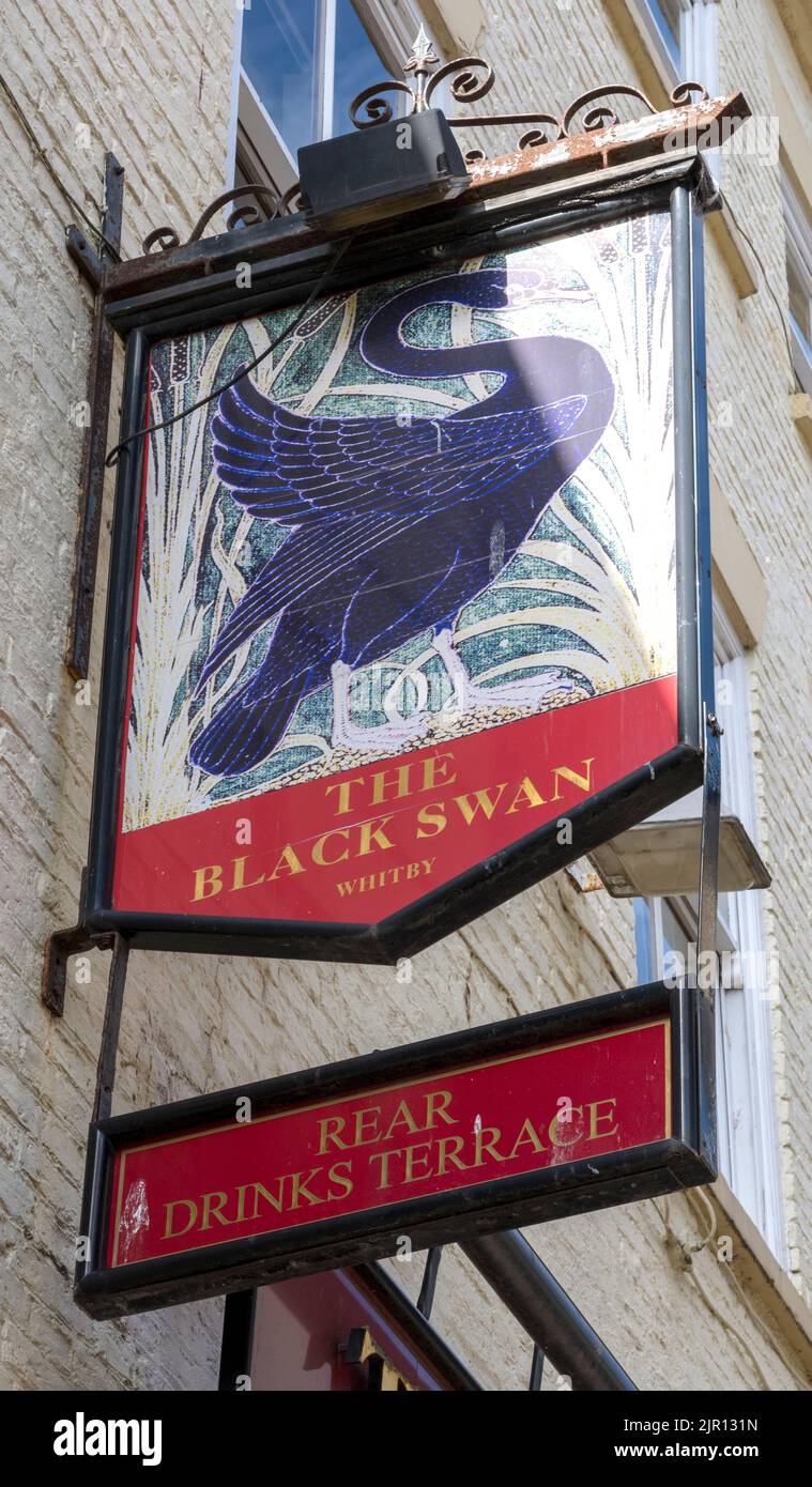 Traditional hanging pub sign at The Black Swan public house, Baxtergate ...