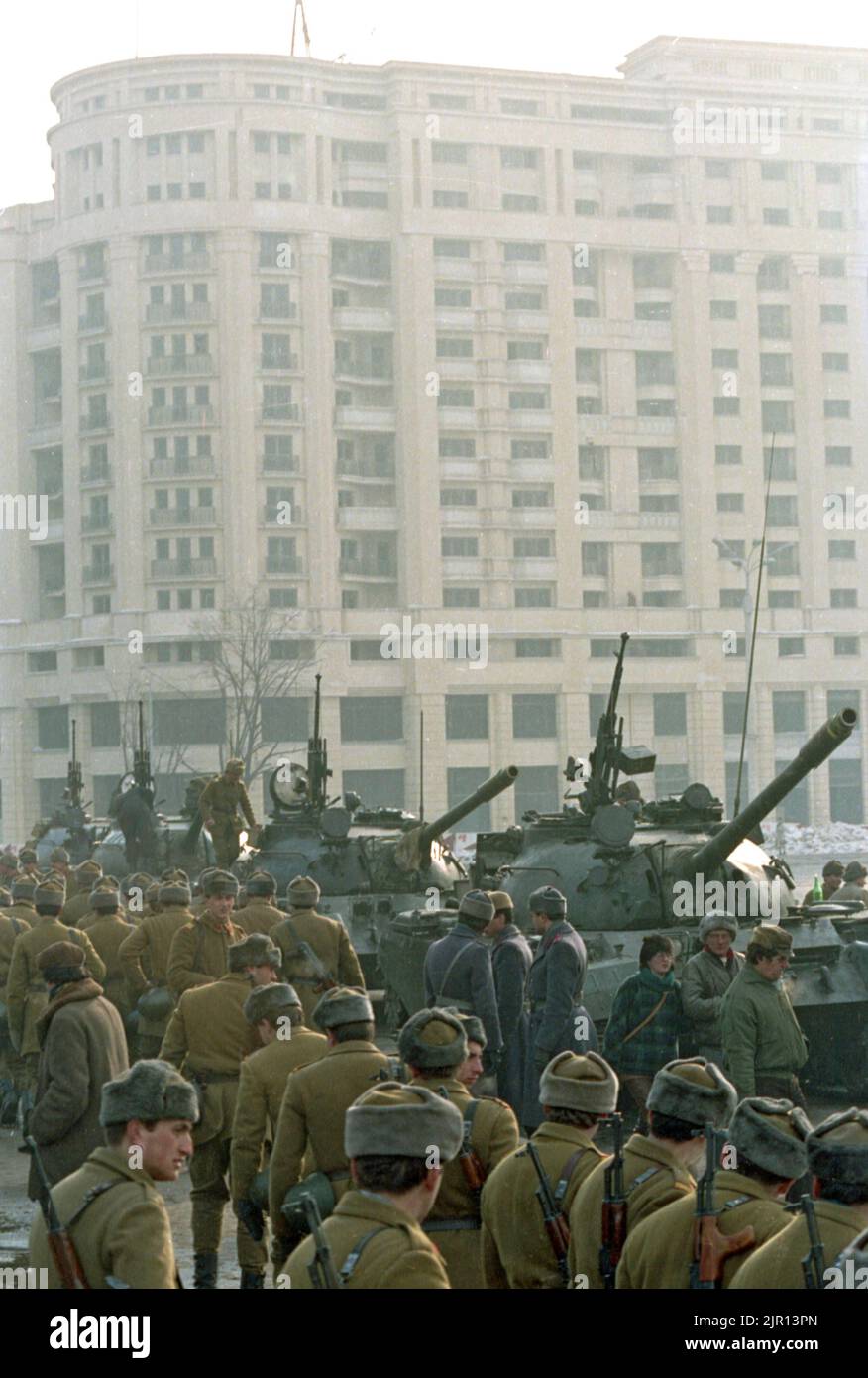 Bucharest, Romania, January 1990. Army in Piata Victoriei, in front of ...