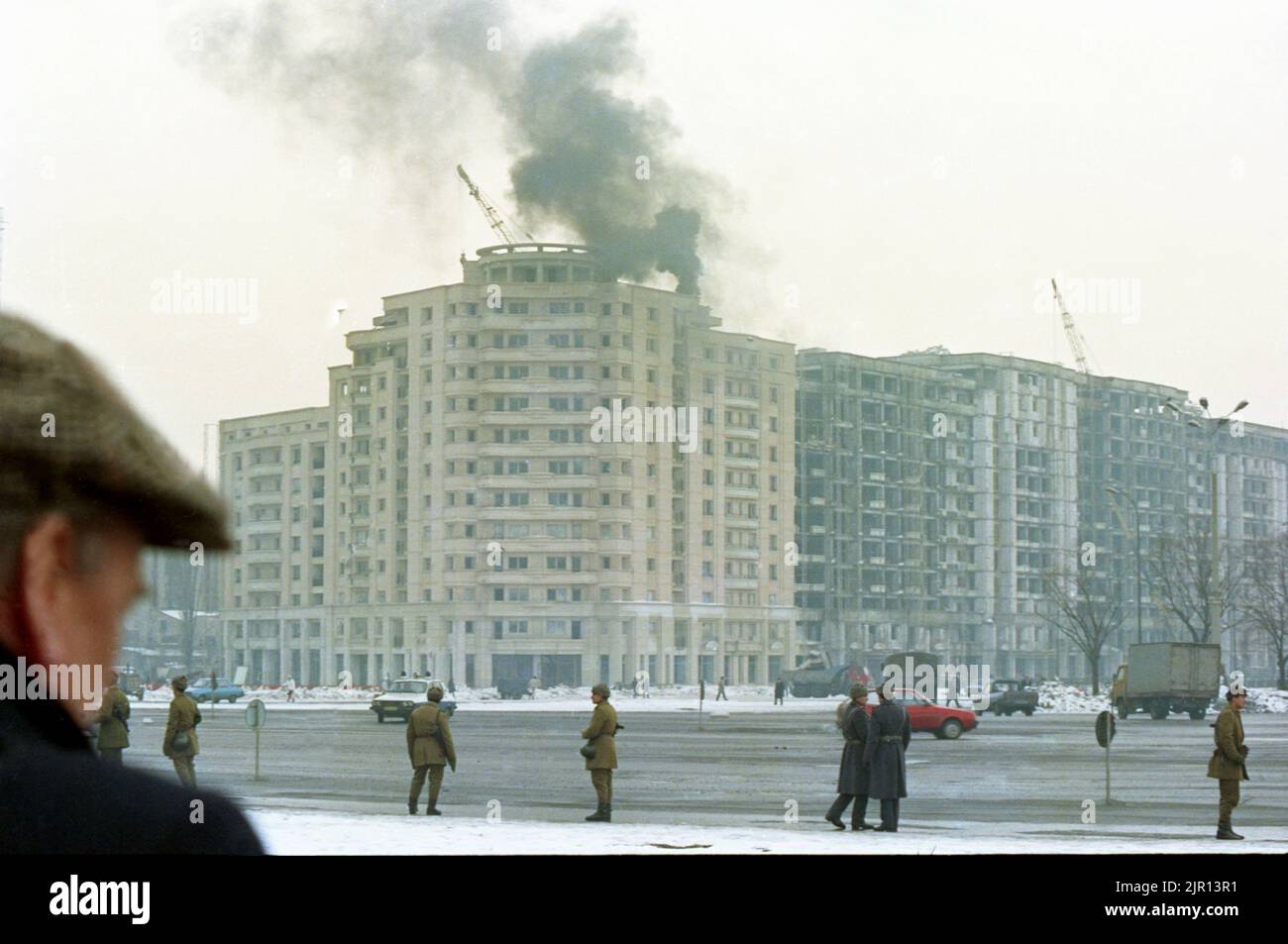 Bucharest, Romania, January 1990. Army in Piata Victoriei, in front of ...