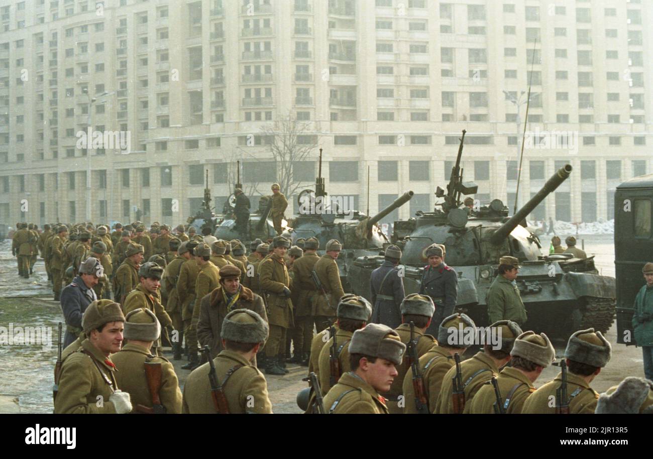 Bucharest, Romania, January 1990. Army in Piata Victoriei, in front of ...