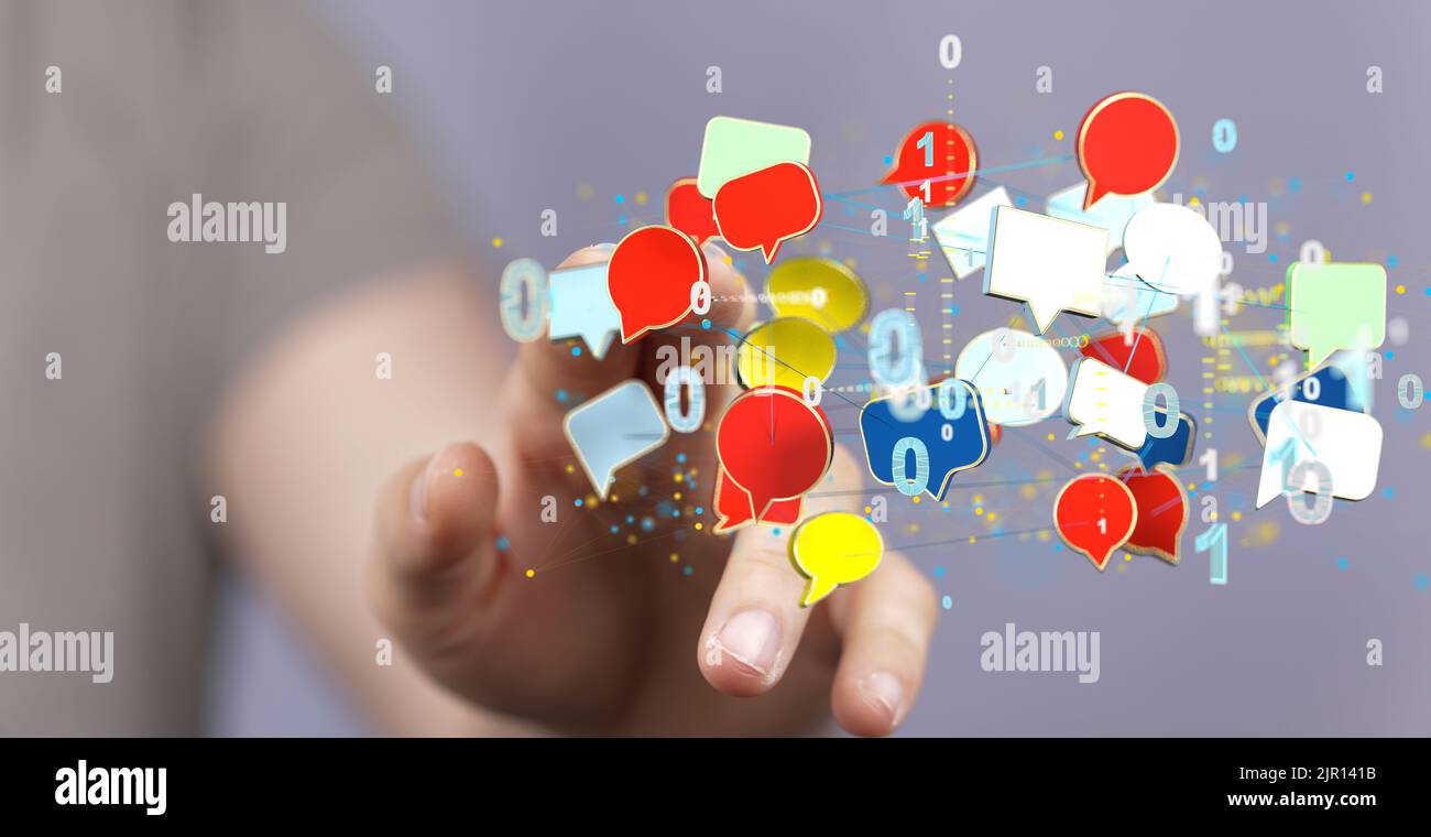 A man tapping a floating 3D-rendered message icons Stock Photo - Alamy
