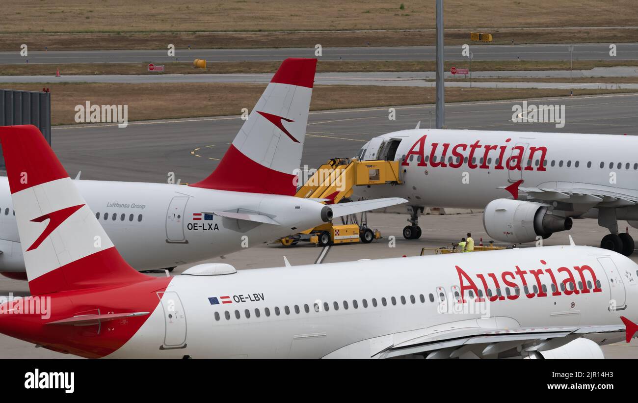 Austrian Airlines passenger plane at airport. Schedule flight travel ...
