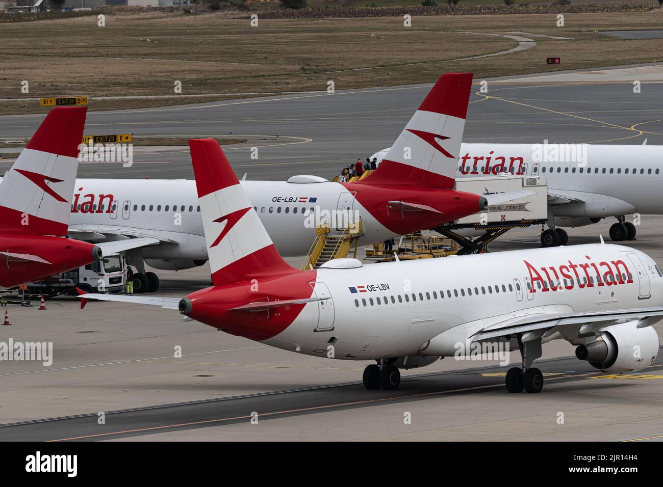 Austrian Airlines passenger plane at airport. Schedule flight travel ...