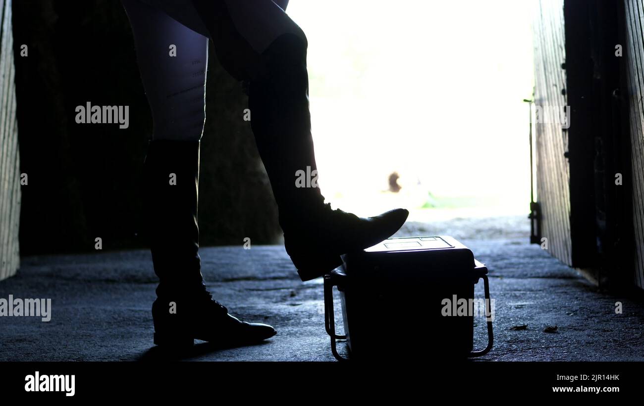 against the light, in the stable, outline, figure of the girl. she ...