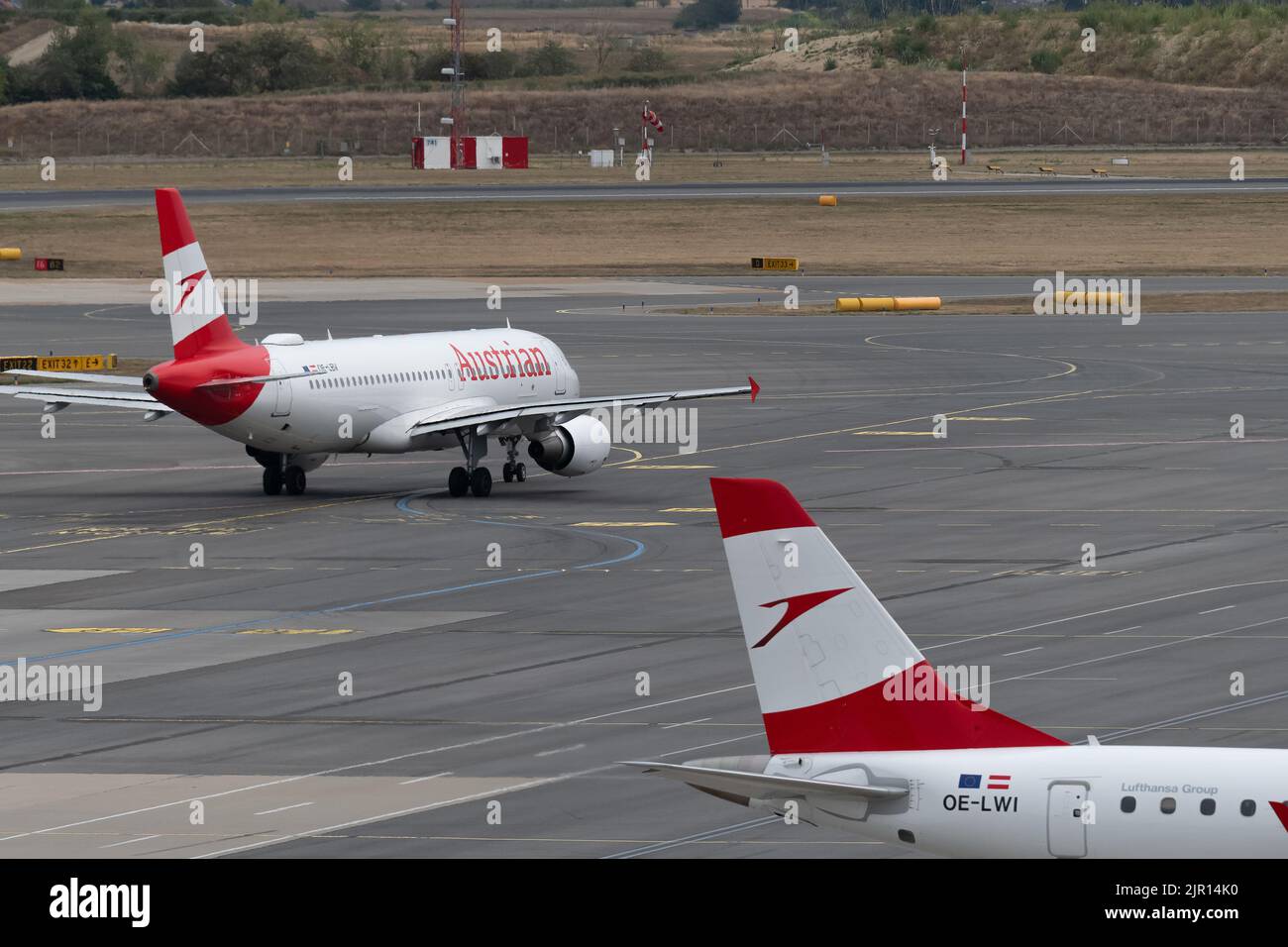 Austrian Airlines passenger plane at airport. Schedule flight travel ...