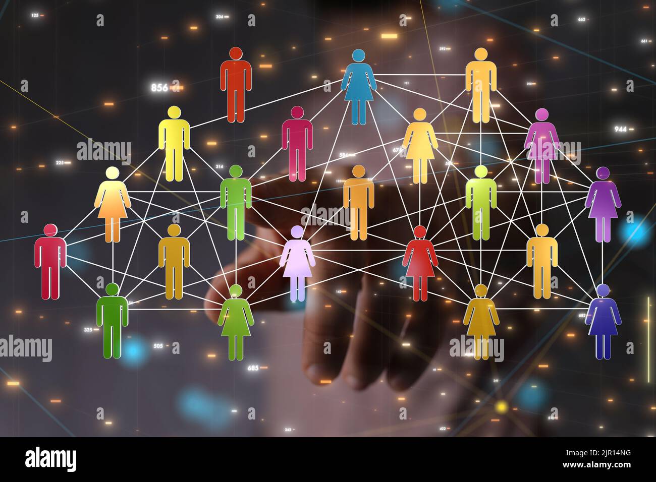 A man tapping a floating 3D-rendered human icons Stock Photo - Alamy