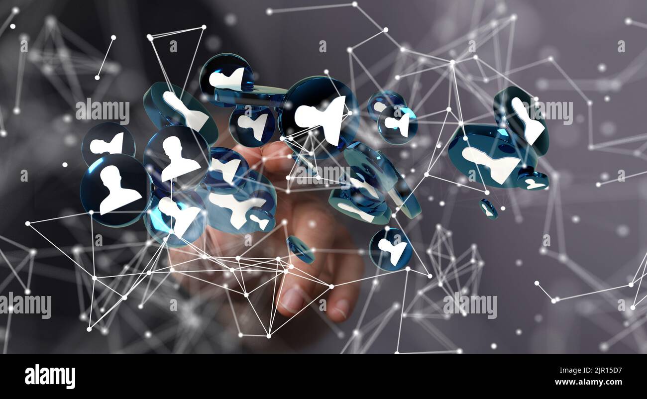 A man tapping a floating 3D-rendered human icons Stock Photo - Alamy