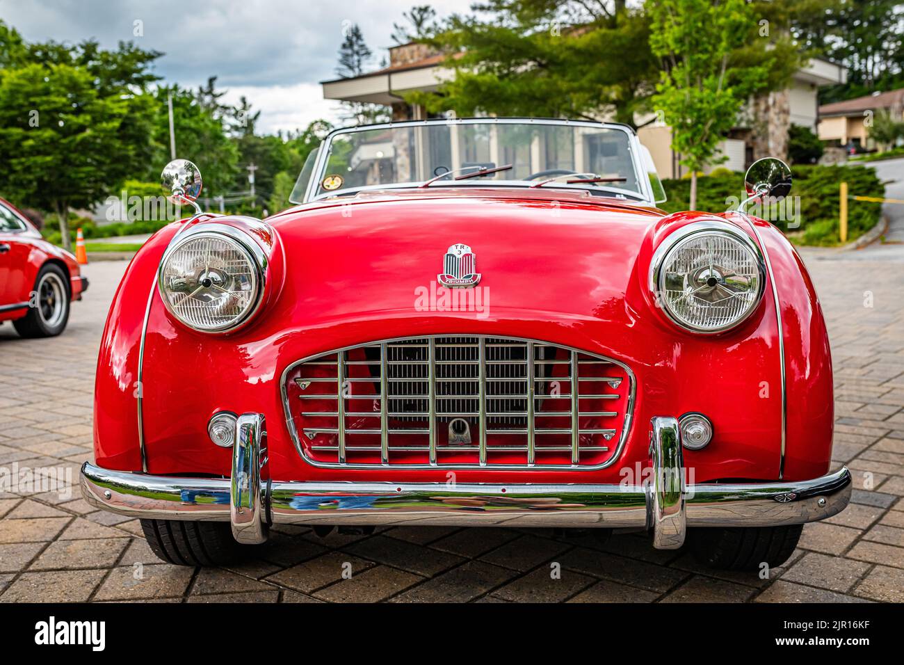 Highlands, NC - June 10, 2022: Low perspective front view of a 1957 ...