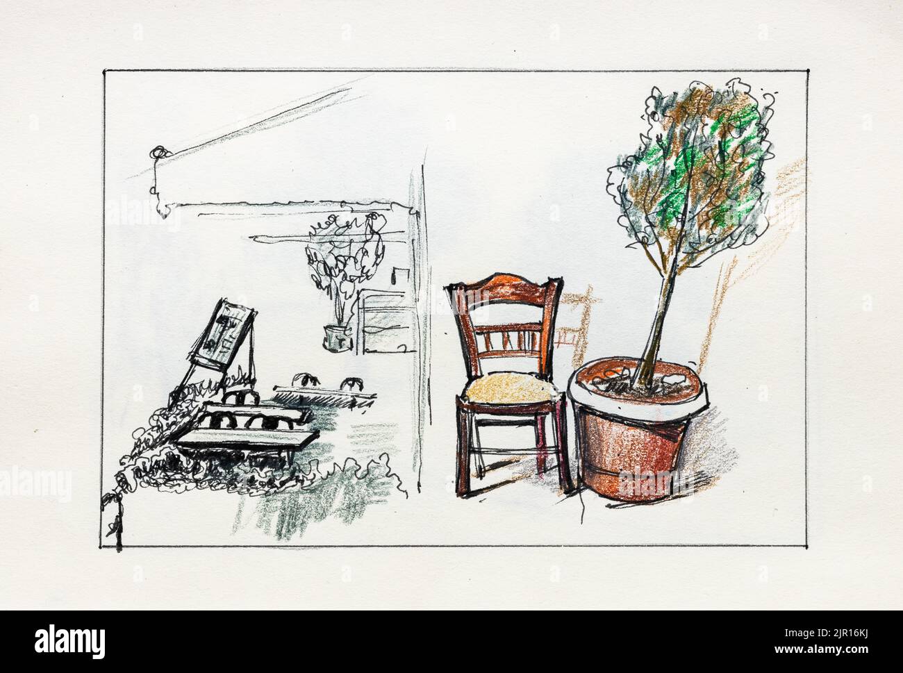 hand-drawn tables in outdoor cafe and separate wooden chair next to ...