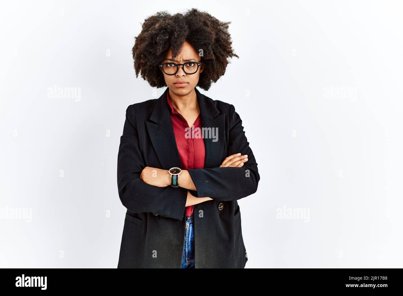 African american woman with afro hair wearing business jacket and ...