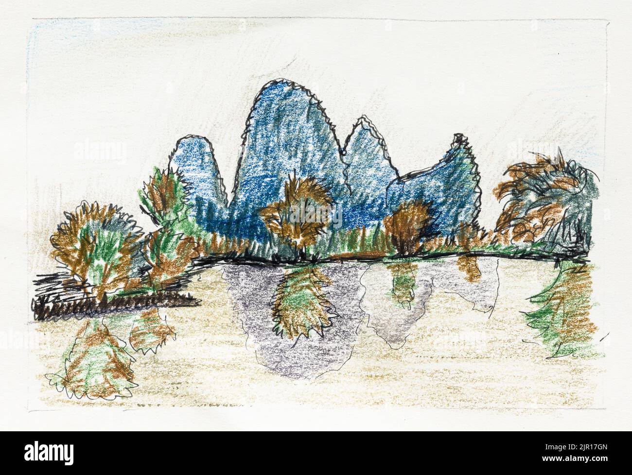 hand-drawn karst peaks in Chinese Yangshuo County by black pen and ...