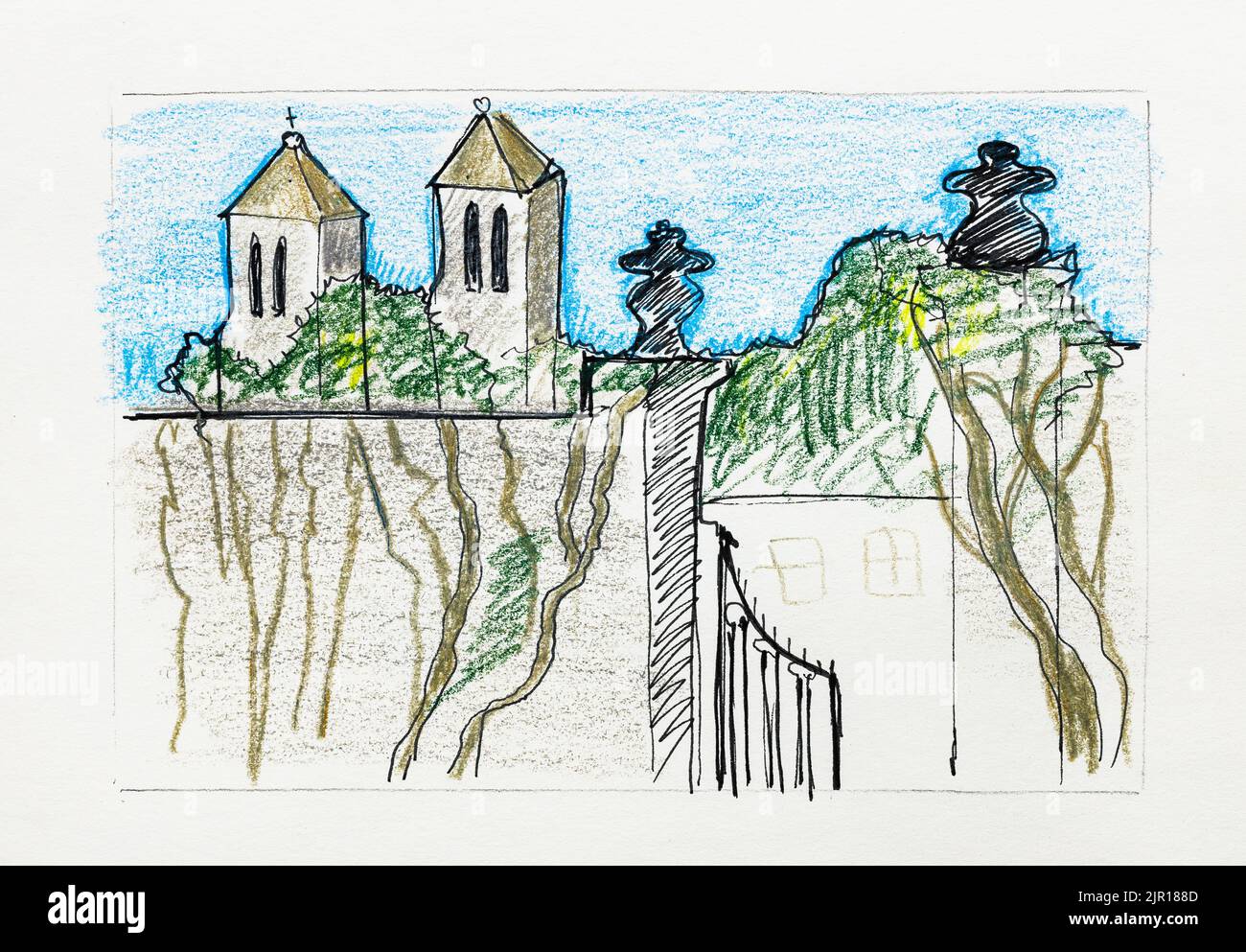 hand-drawn castle wall entwined with tree branches by black pen and ...