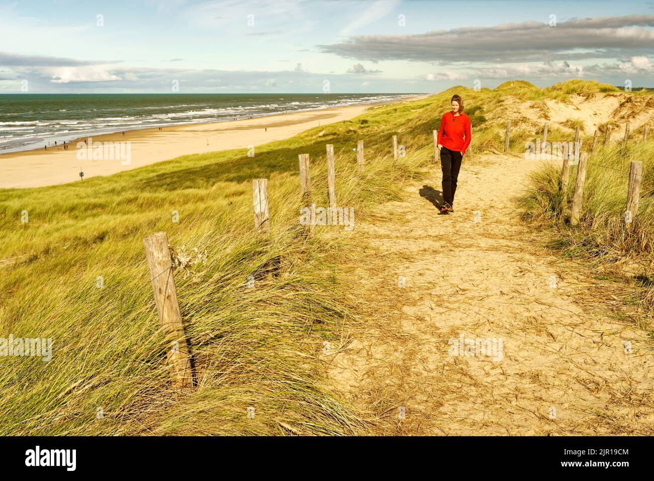 A woman walking on a beautiful sandy path along the ocean. North ...