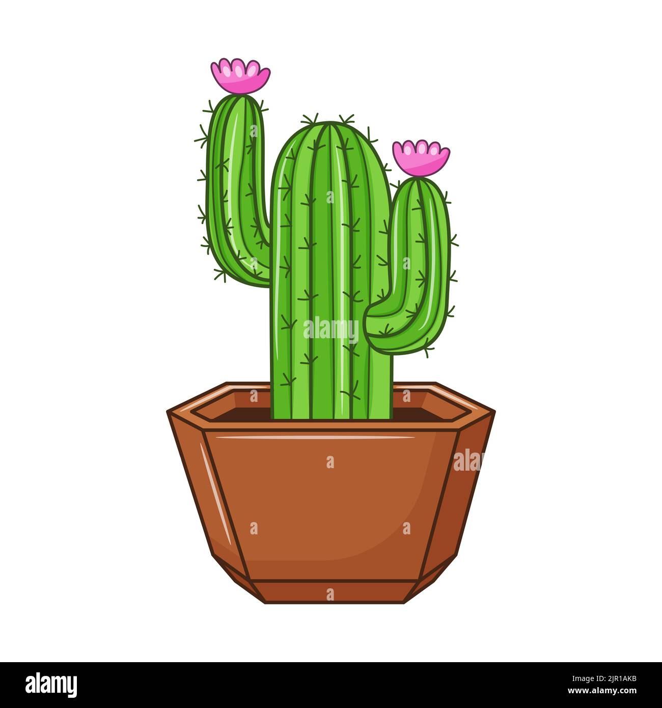 Vector cartoon cactus in pot. Indoor succulent plant with thorns and ...