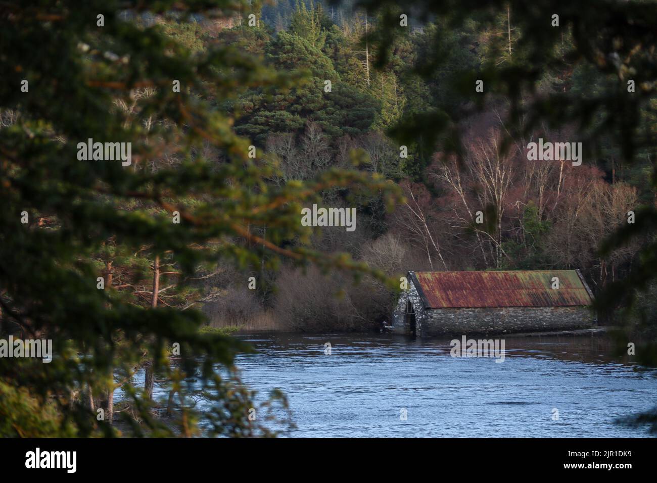 A small house in the water body with autumn trees in the background ...