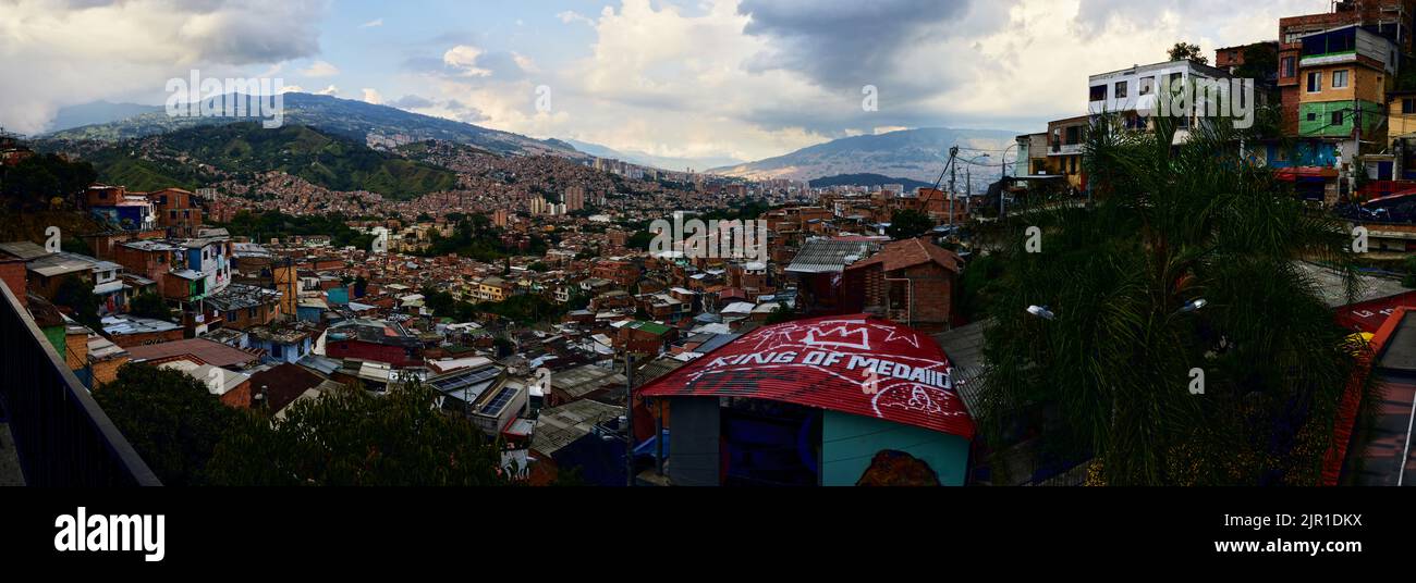 A panoramic shot of the Comuna 13 neighborhood in Medellin, Colombia ...