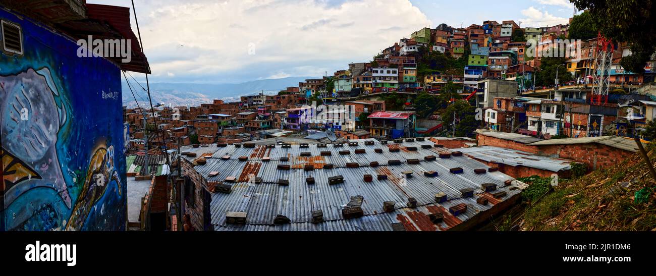 A panoramic shot of the Comuna 13 neighborhood in Medellin, Colombia ...