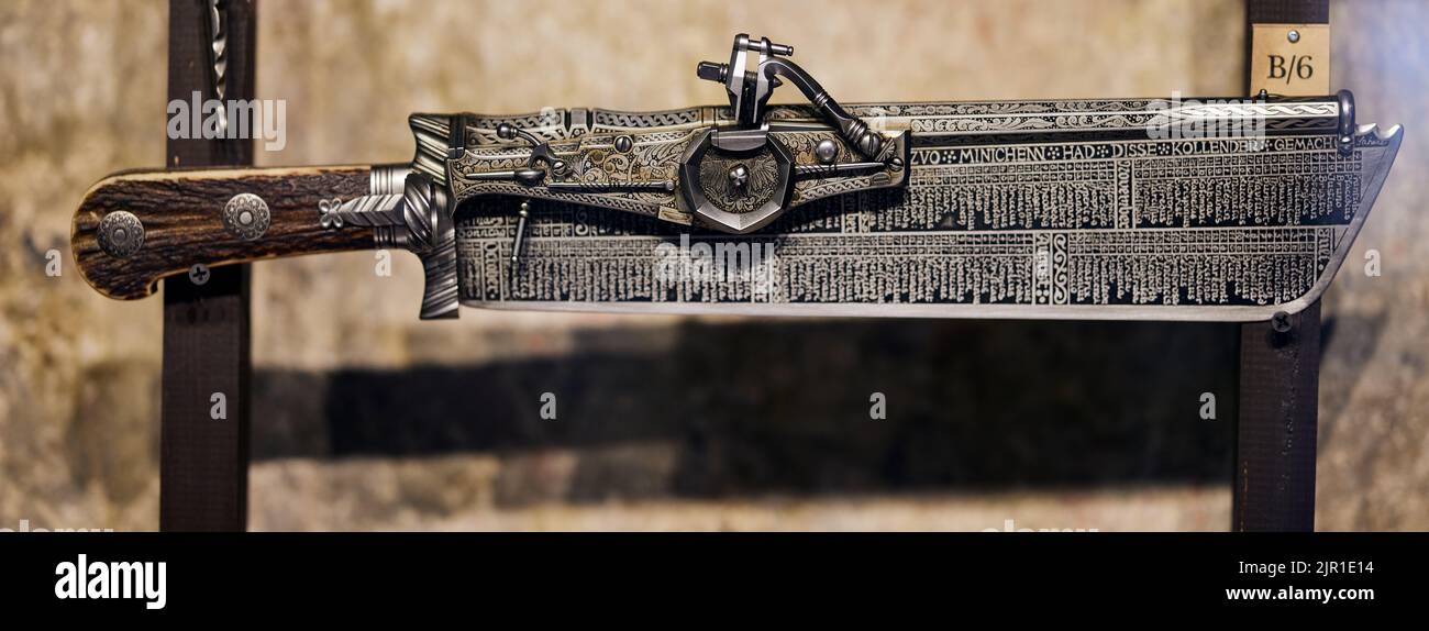 A panoramic shot of the vintage shooting sword in the museum in Prague ...