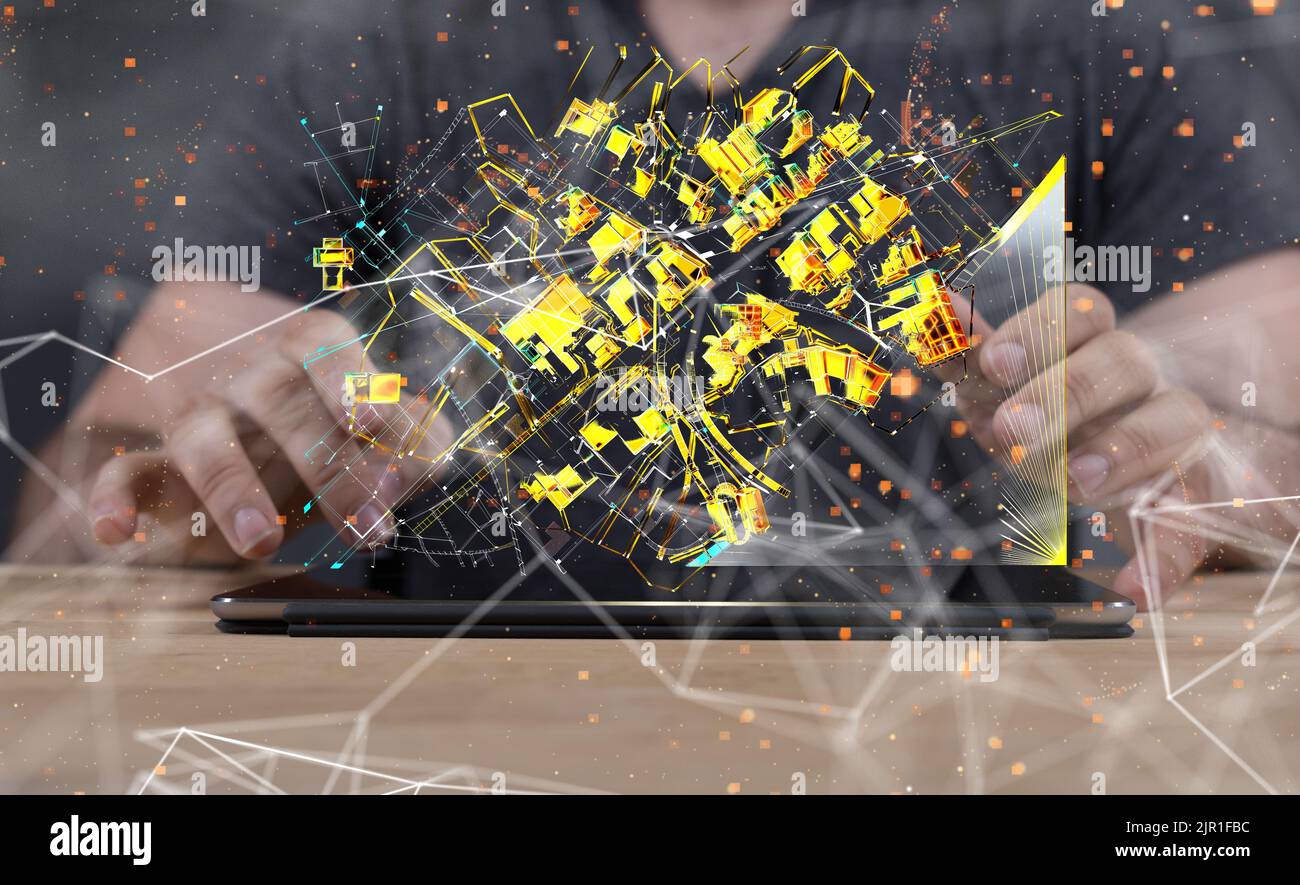 A male demonstrating 3D rendered digital pieces with his tablet Stock ...