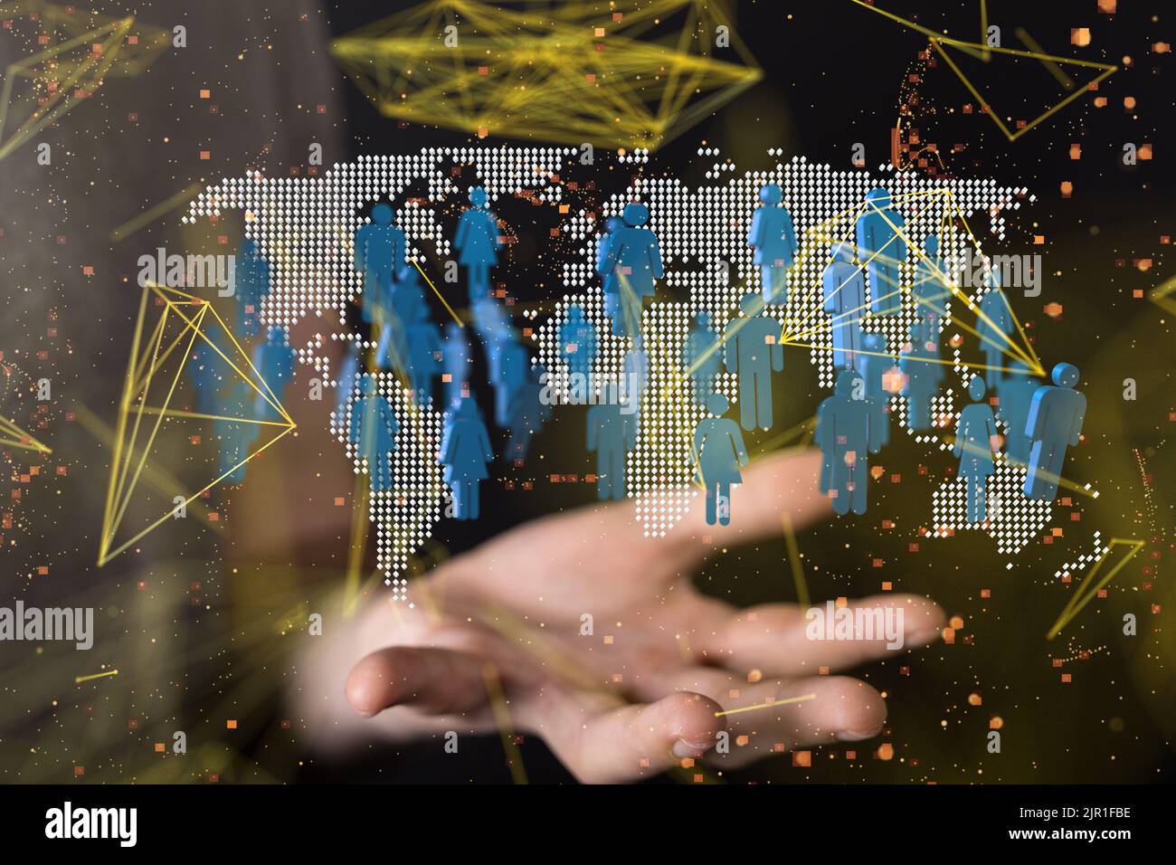 A male demonstrating a 3D rendered global communication network Stock ...