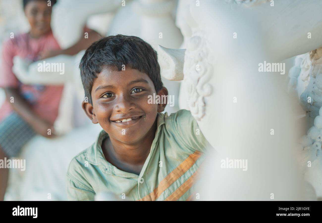 Pileru, India - July 28,2022:Close up view of indian kid with brown ...