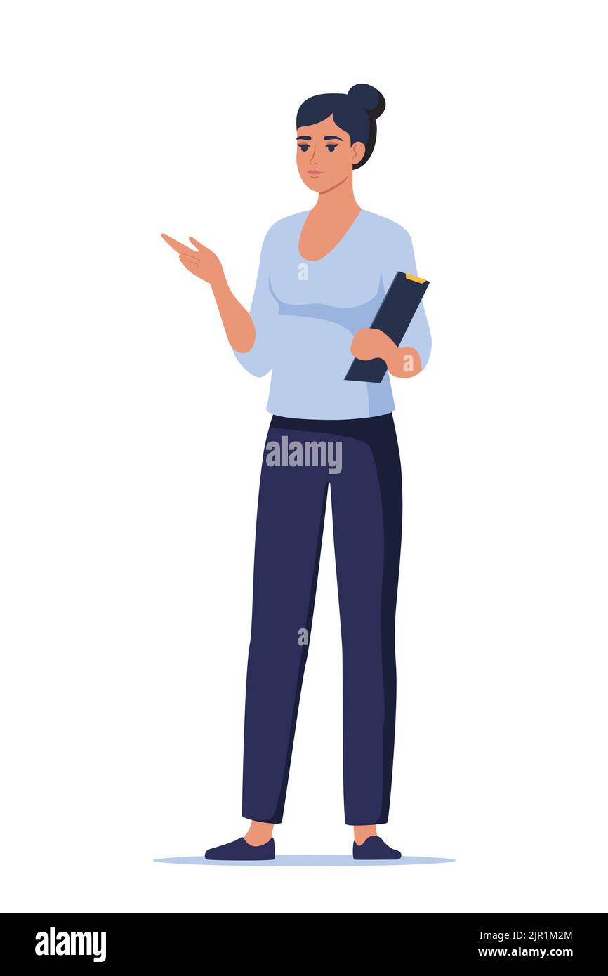 Woman introduce, show and present something. Business speaker standing ...