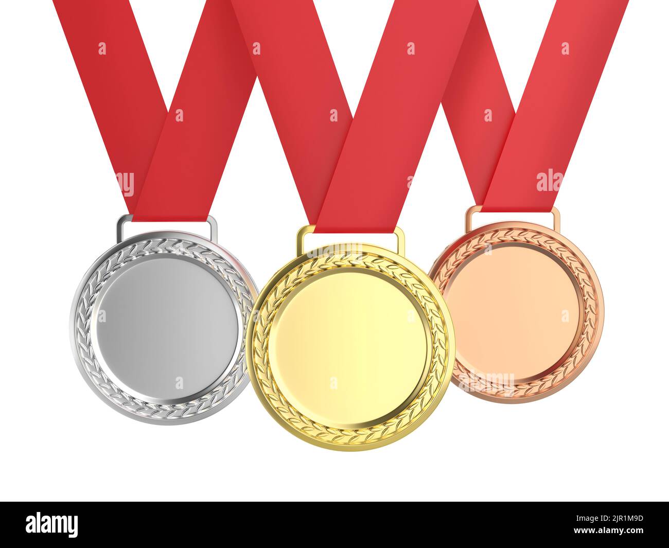 Gold, silver and bronze medals, isolated on white background. Front ...