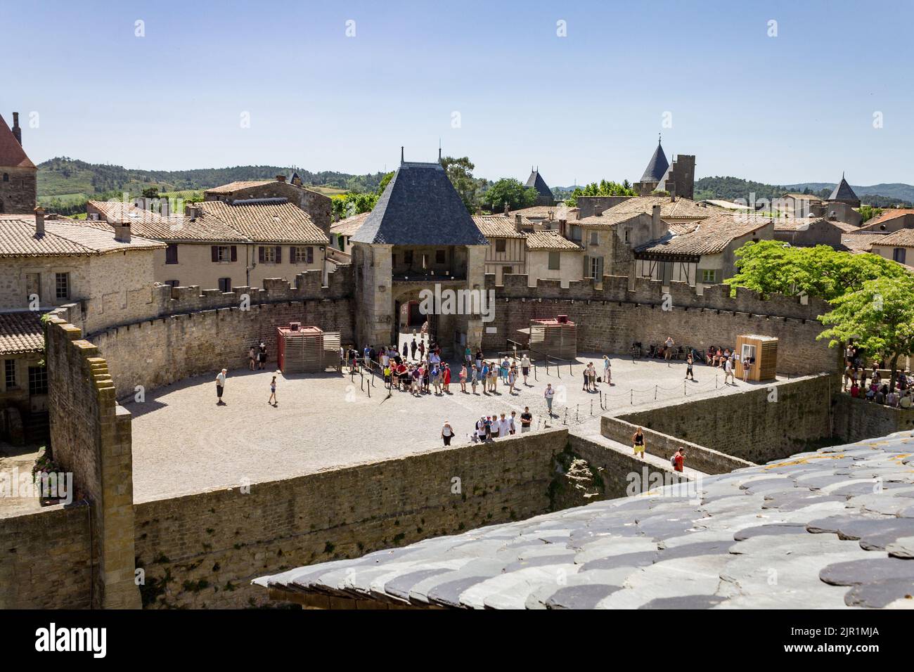 The Chateau Comtal castle inside Carcassonne medieval fortified city in ...