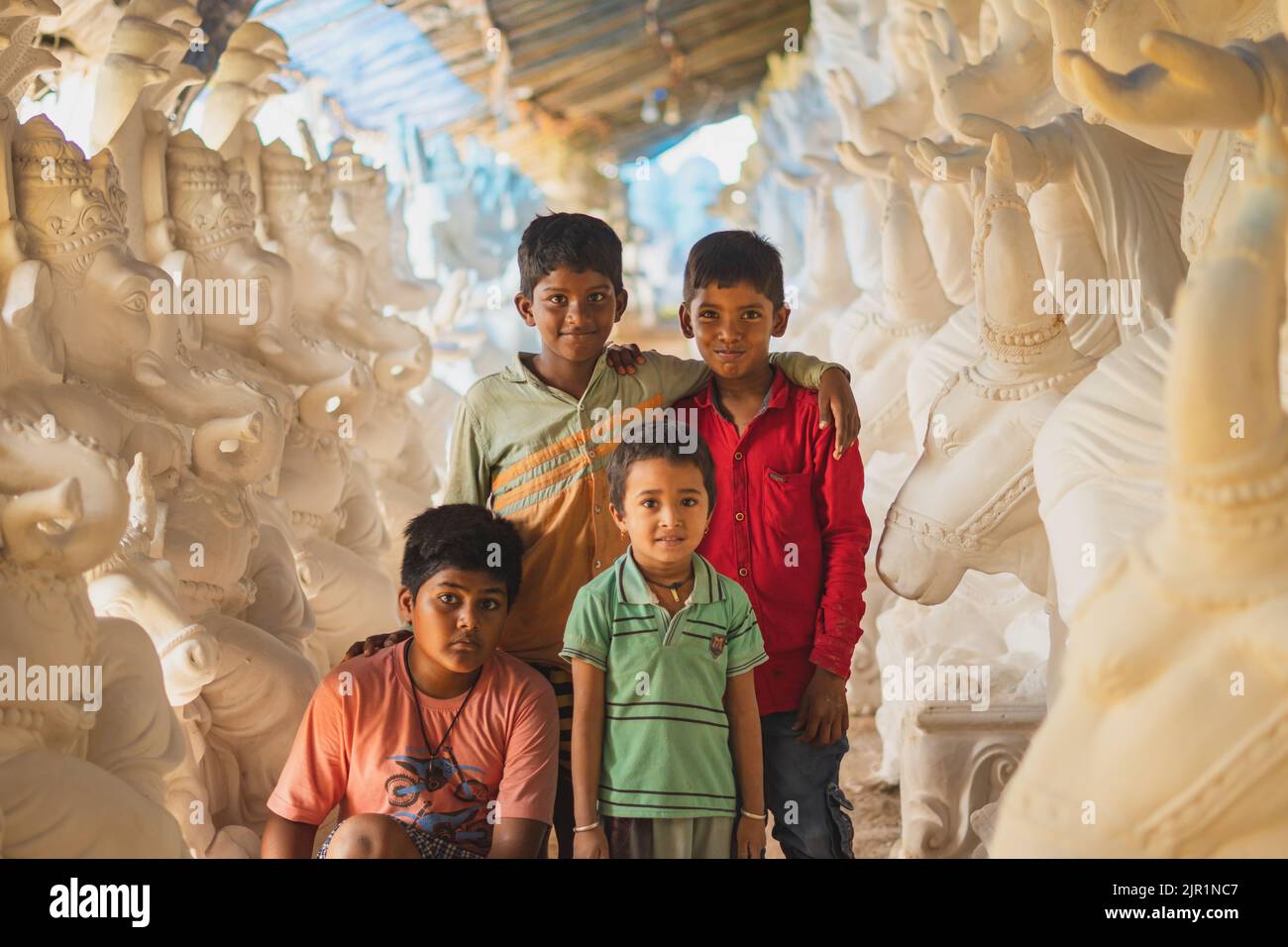 Pileru, India - July 28,2022: Street kids smiling with lord ganesha ...