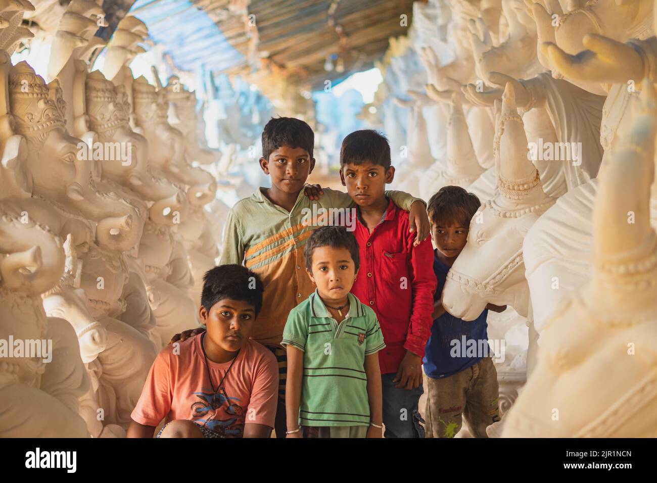 Pileru, India - July 28,2022: Bunch of indian street kids with ganesha ...