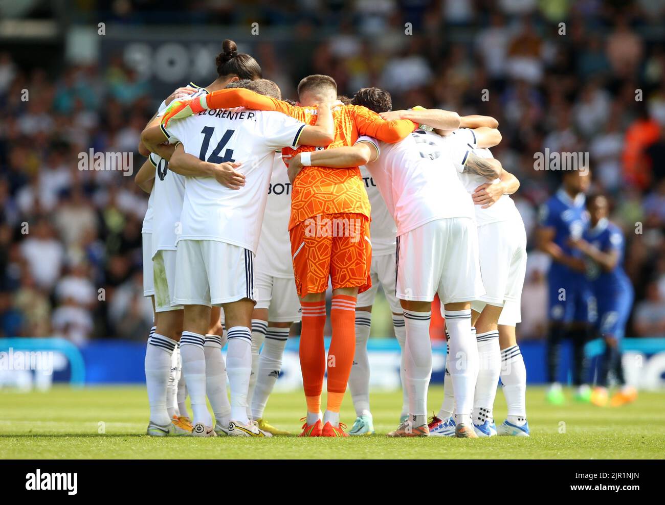 Leeds United players huddle before the Premier League match at Elland ...