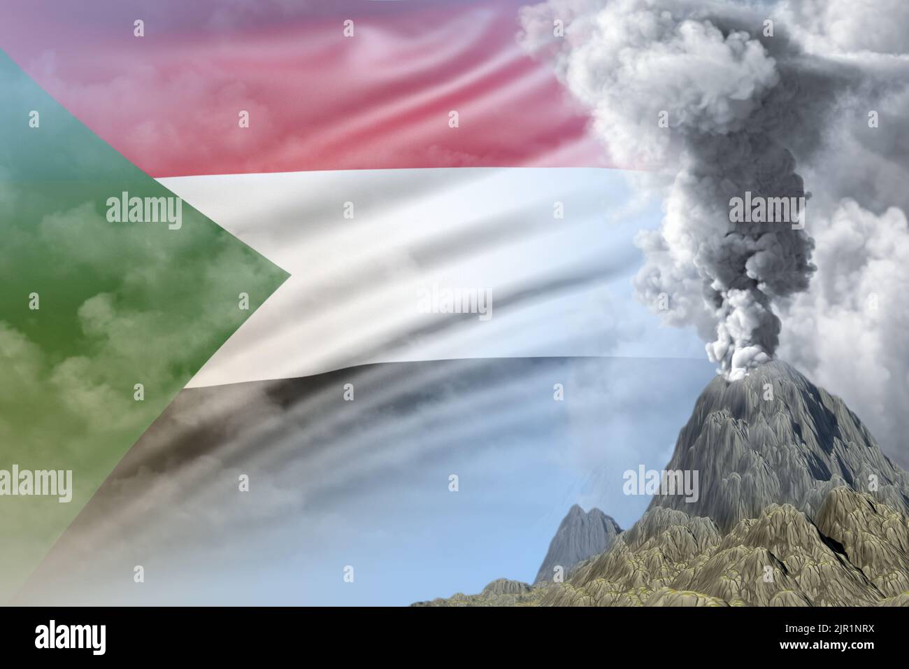 big volcano eruption at day time with white smoke on Sudan flag background, problems of natural ...