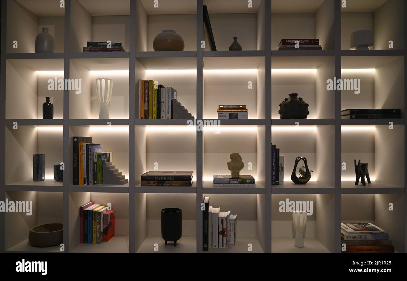White PVC backlit shelves showcase display with books and other ...